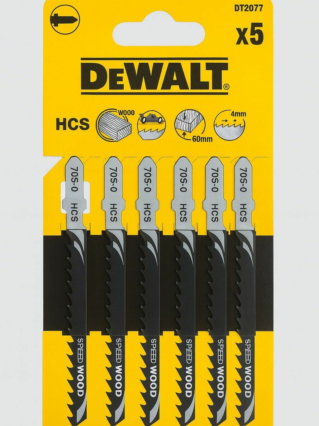 Пилка для лобзика DEWALT DT2077, по дереву из высокоуглеродистой стали, HCS, 100 x 70 x 4.0 x 60 мм, T244D, 5 шт.