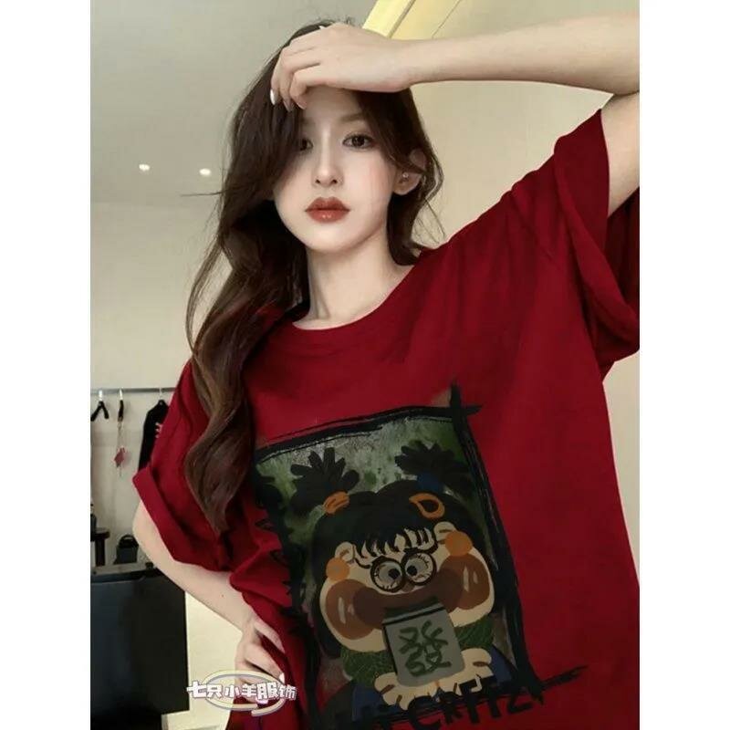 Футболка с короткими рукавами из 100% хлопка с изображением американской ретро-мультяшной девушки, новый летний стиль, высококачественный свободный крой, милая и модная, Винно-красный, 220 грамм, чистый хлопок, размер：XL