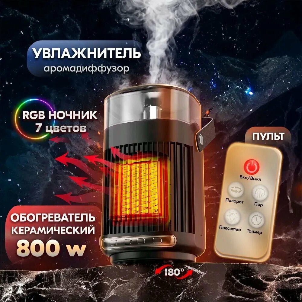 Обогреватель керамический поворотный 800W 3в1 с тепловентилятором, Увлажнитель воздуха, очиститель воздуха, осушитель, Светильник ночник RGB 7 цветов с пультом