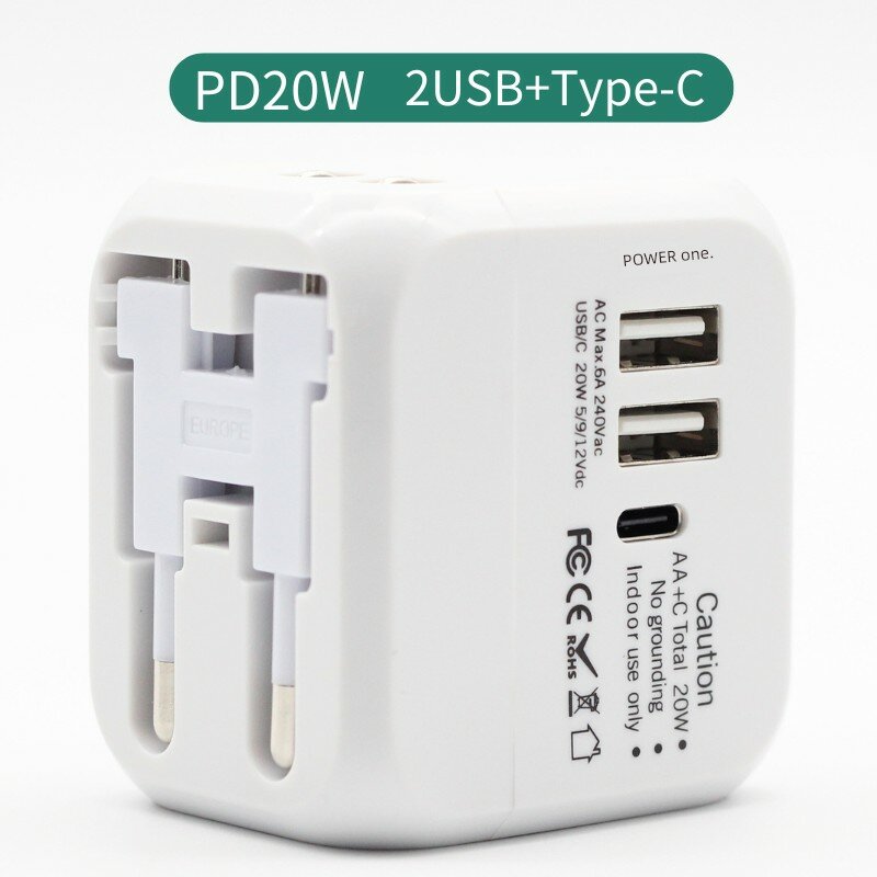 Универсальная дорожная розетка Type-C с быстрой зарядкой и USB портами для Европы, США, Азии, белый