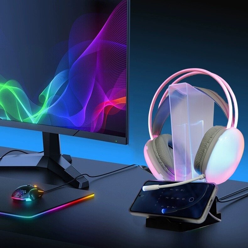 Подставка для наушников с вертикальной подсветкой и четырьмя USB-портами расширения