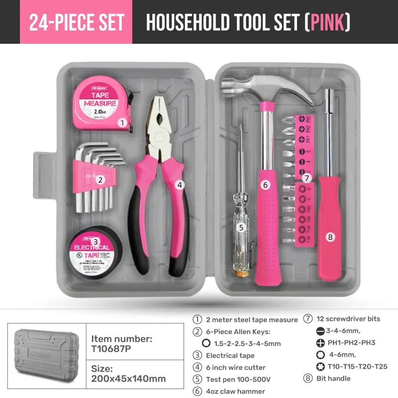 Hi-Spec домашний набор инструментов бытовой розовый многофункциональный набор инструментов для ручного ремонта молоток плоскогубцы винтовая рулетка домашний инструмент