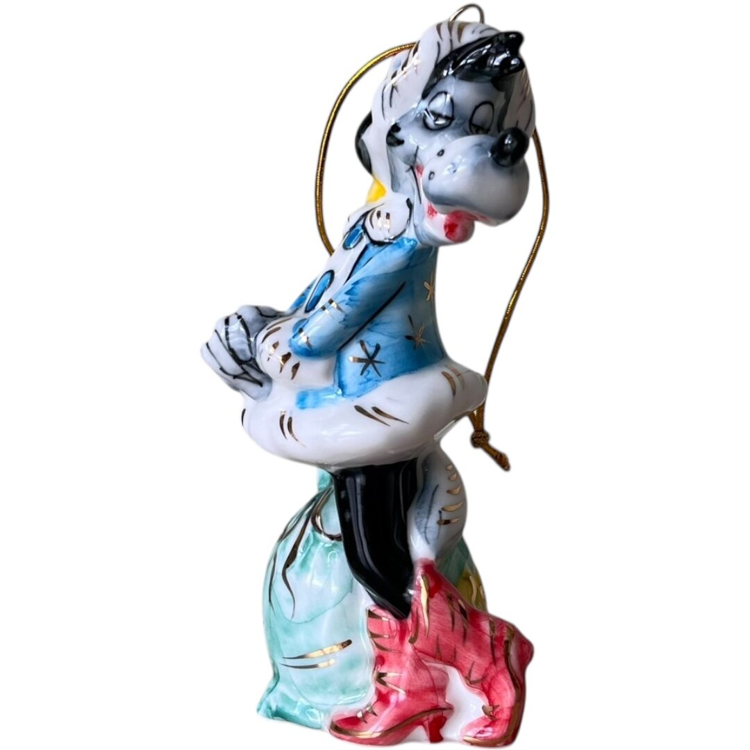 Елочная игрушка серии Ну, Погоди! "Волк в шубе" с золотом. Лефортовский фарфоровый завод. Елочная игрушка из фарфора