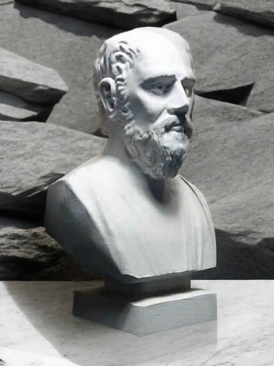 Бюст Архимед в гематионе(одежда) из камня. BA678. Высота 78мм. Высокая детализация. Белый. Тяжелый и холодный