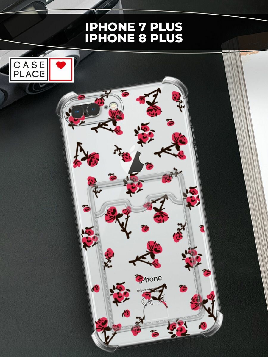 Чехол на Apple iPhone 7 Plus/8 Plus (Айфон 7 Плюс/8 Плюс) с картой и принтом Паттерн красные розы