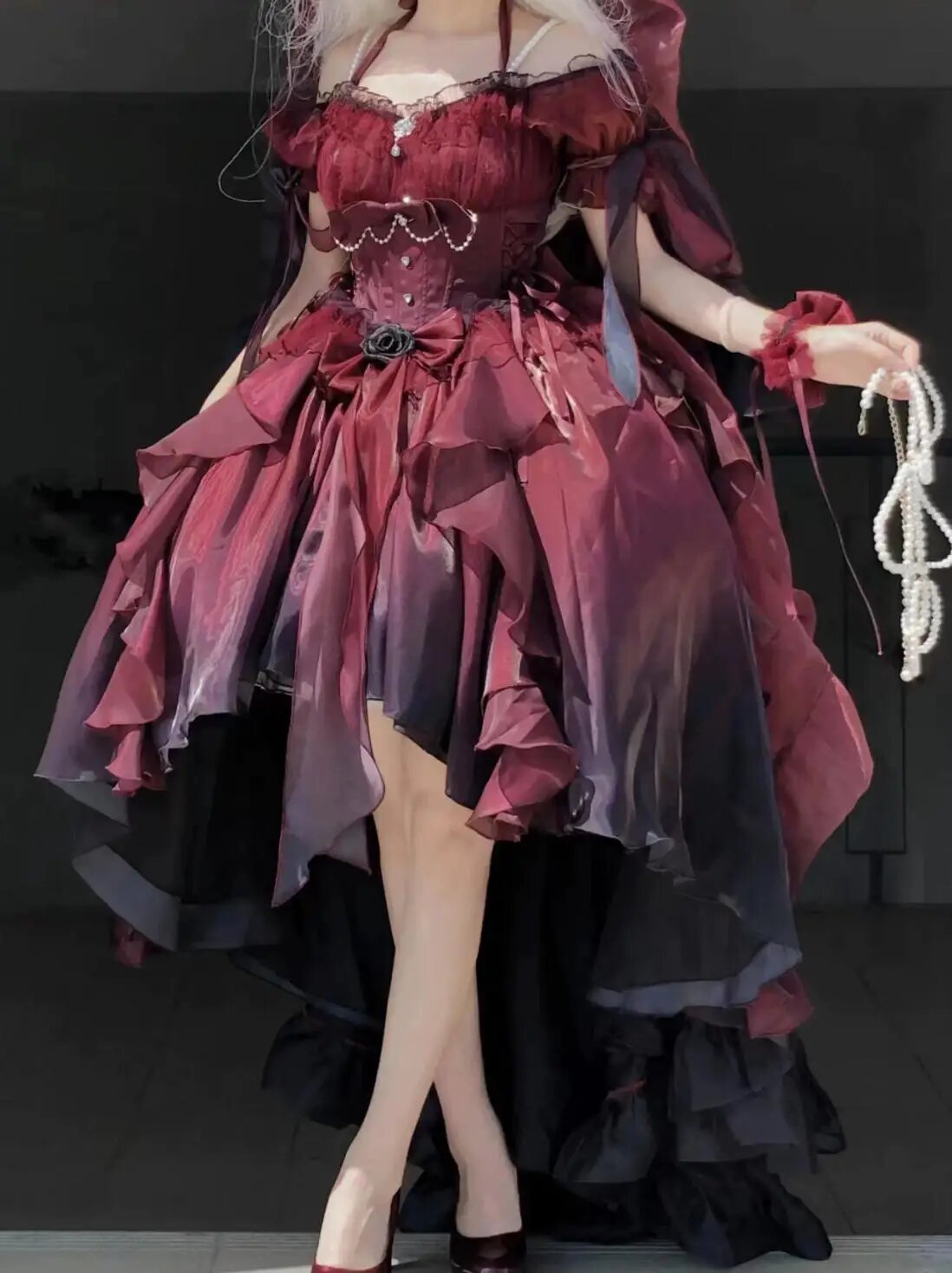 Бордовое лолита платье JSK Black Red Long, размер M