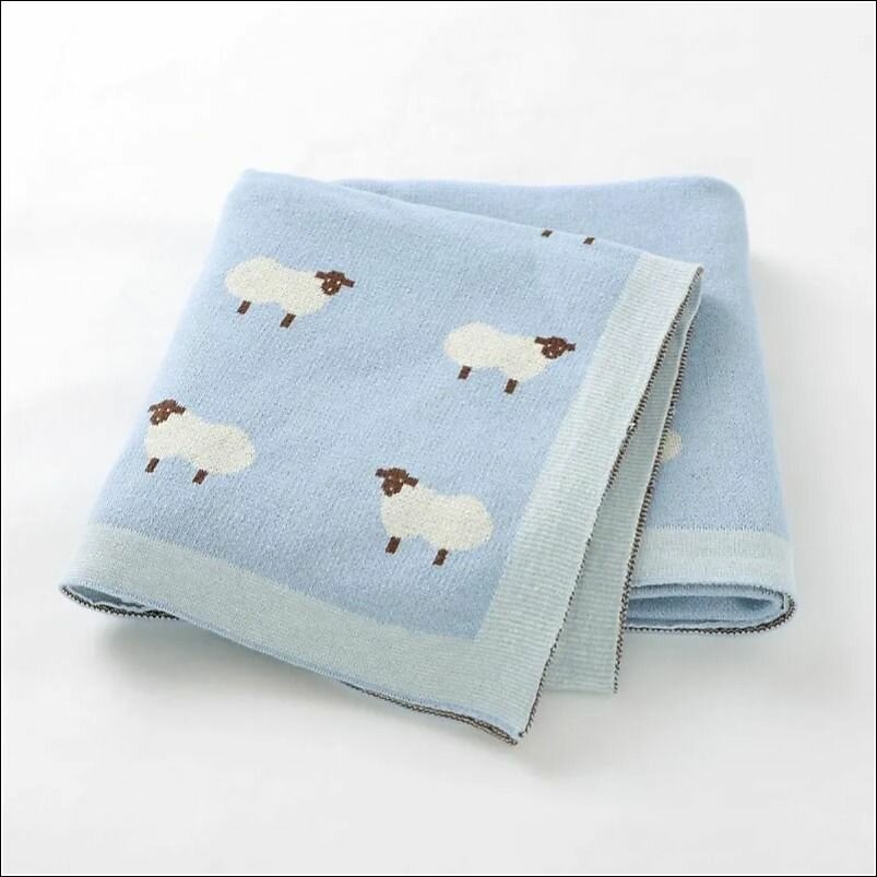 Вязаный плед "Барашек" I794, хлопок, голубой, детский, 100x80 см