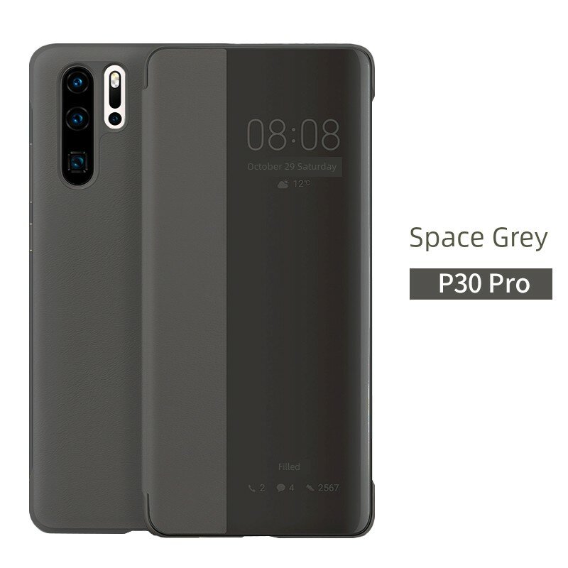 Смарт-окно кожаный чехол для Huawei P30 Pro в сером цвете с защитой экрана и элегантным видом