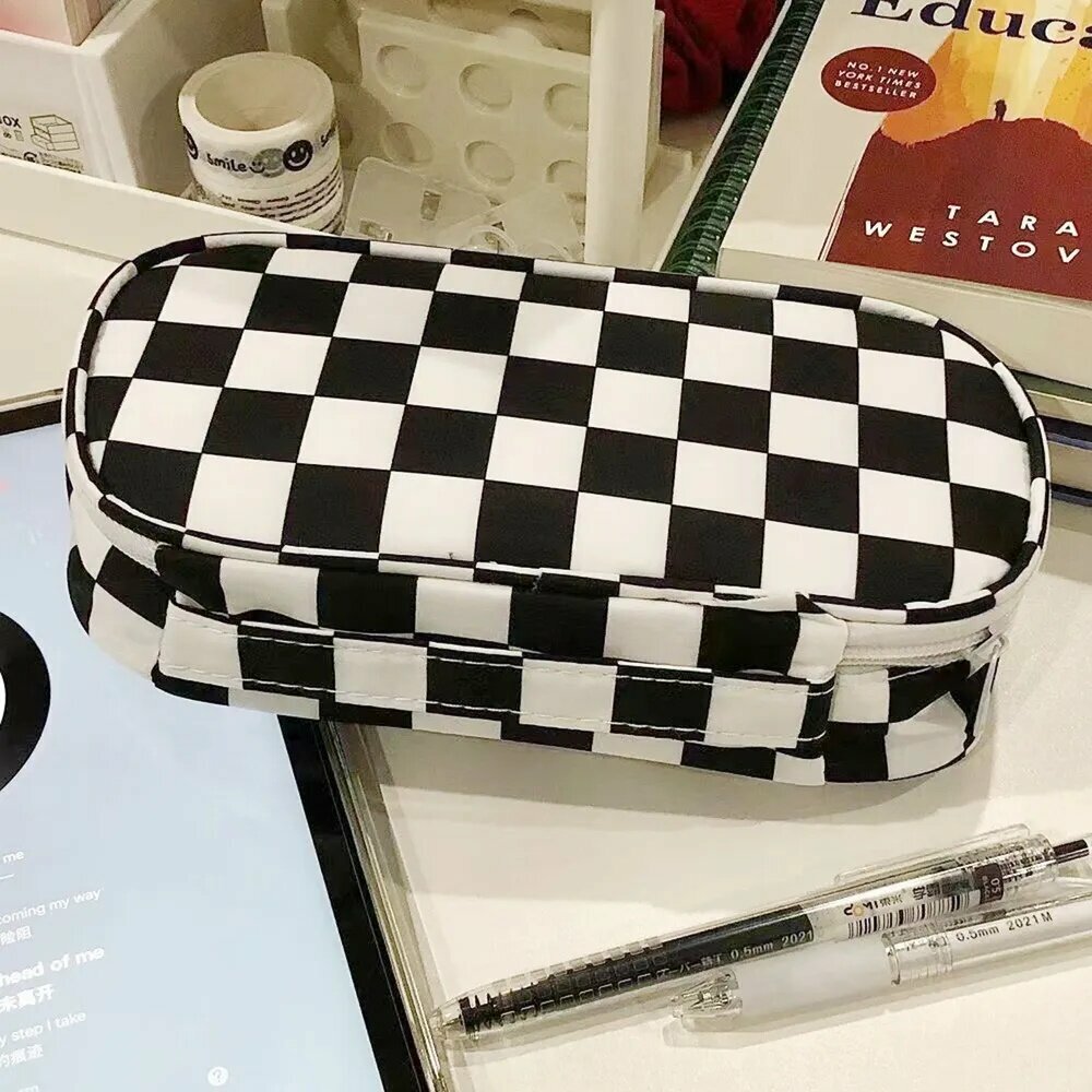 Черно-белый пенал в клетку, большой объем, многофункциональный, для школы