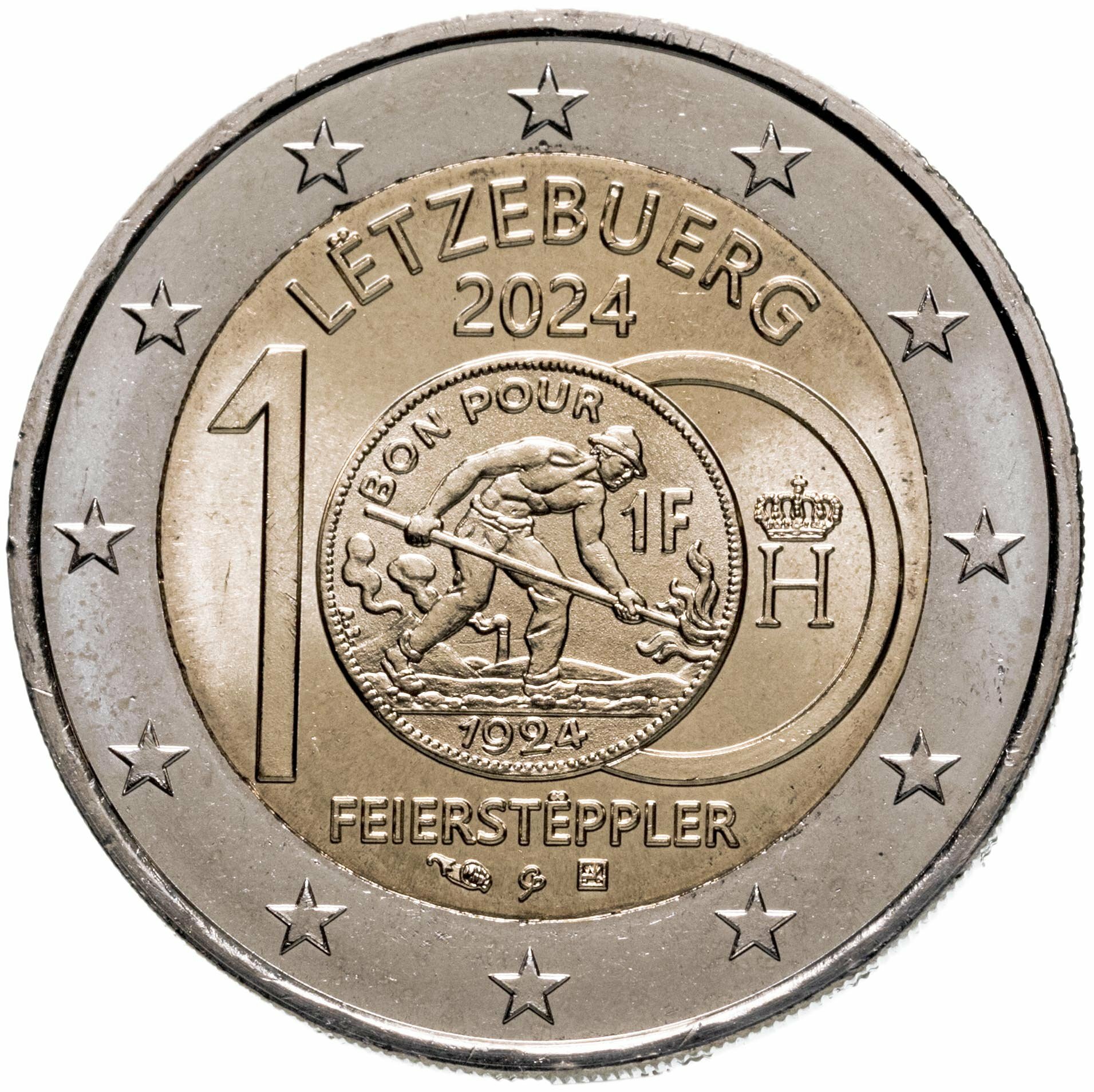 Люксембург 2 евро 2024 "100 лет введения в обращения монет с изображением литейщика", Биметалл, в сохранности UNC