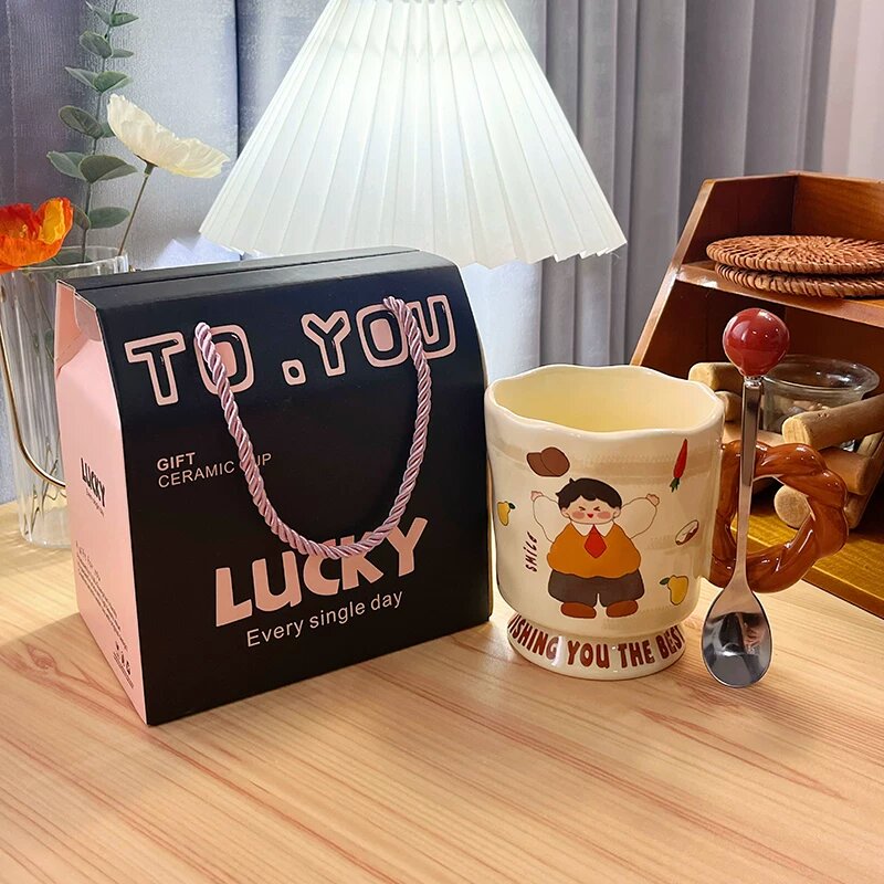 Подарочный набор LUCKY: керамическая кружка с грушевым дизайном и ложкой для мужчин, 1 чашка + ложка