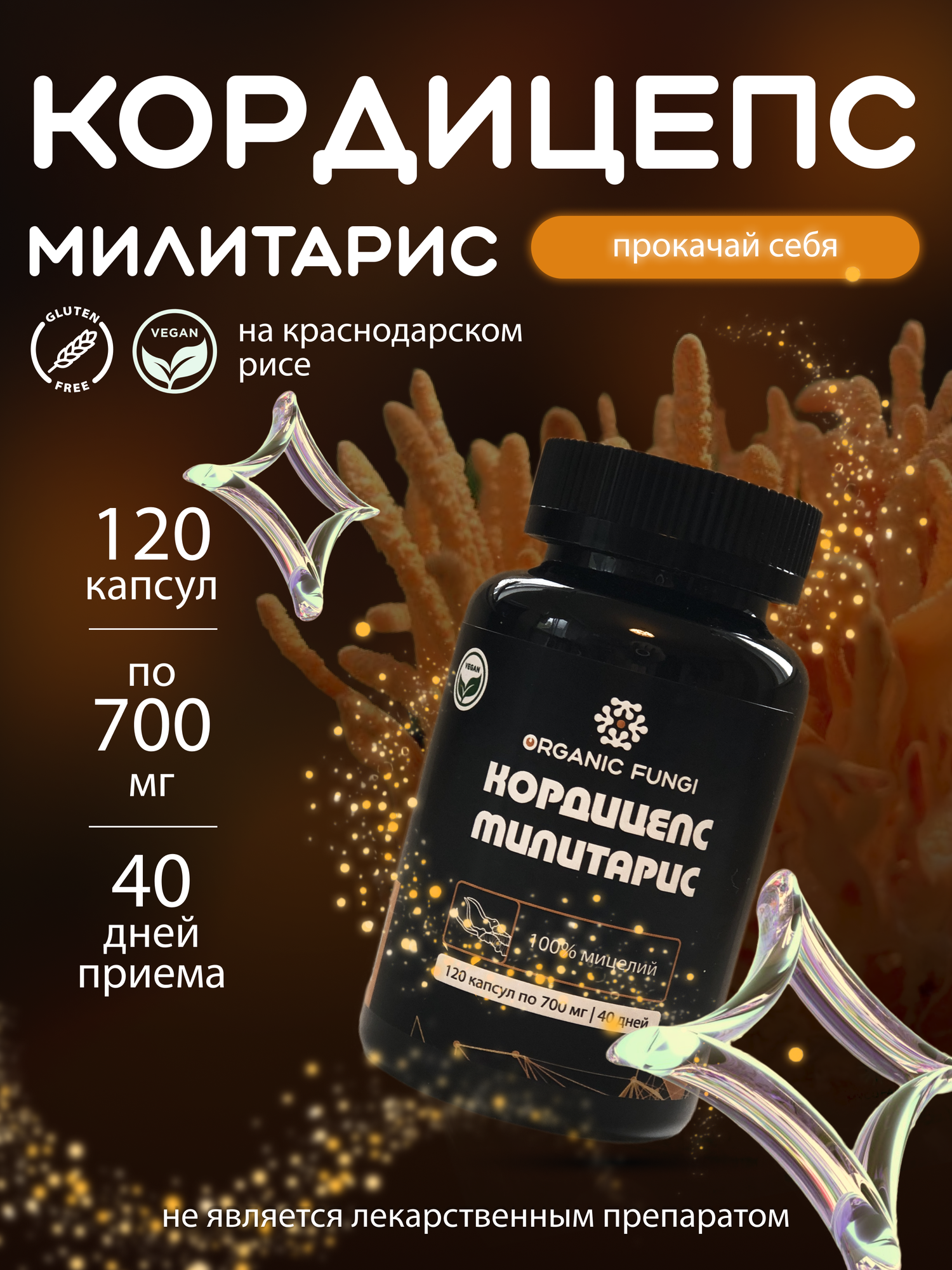 Кордицепс военный Organic fungi, на буром рисе, 120 капсул, 700 мг