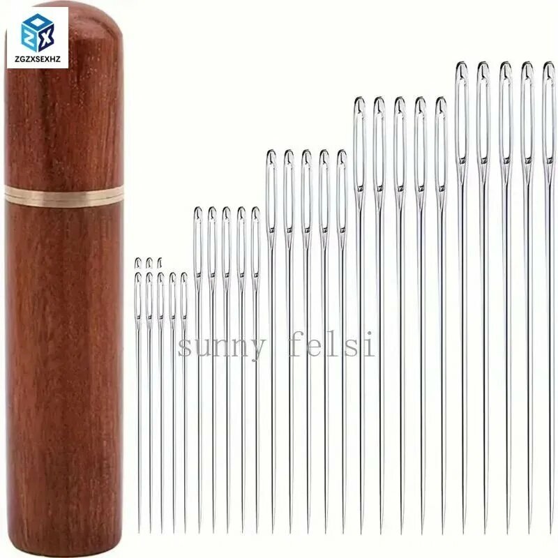 25 игл для ручной вышивки с большими глазами в деревянной игольнице, для хранения игл для ручной вышивки