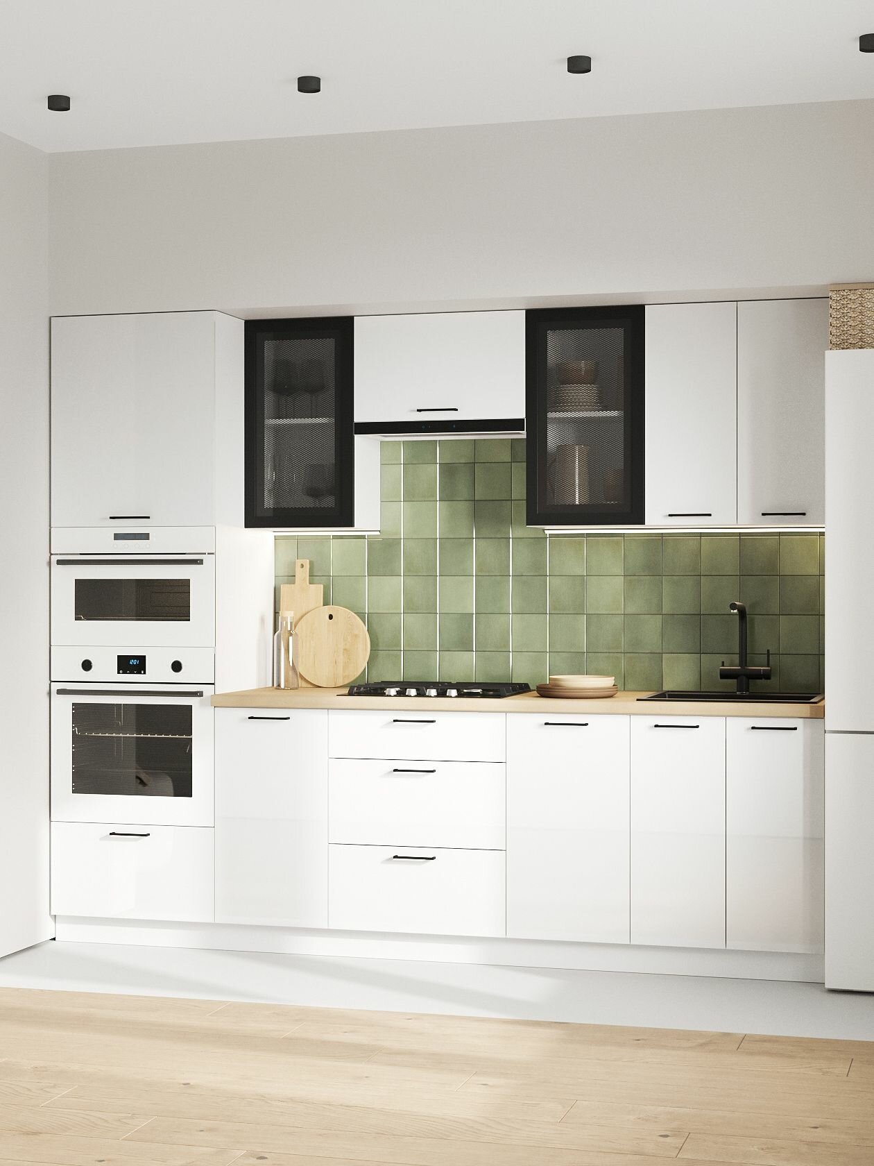 Кухонный гарнитур Стрэйт 2.6 м, мебель для дома и кухни, Белый / Черный матовый / Белый глянец