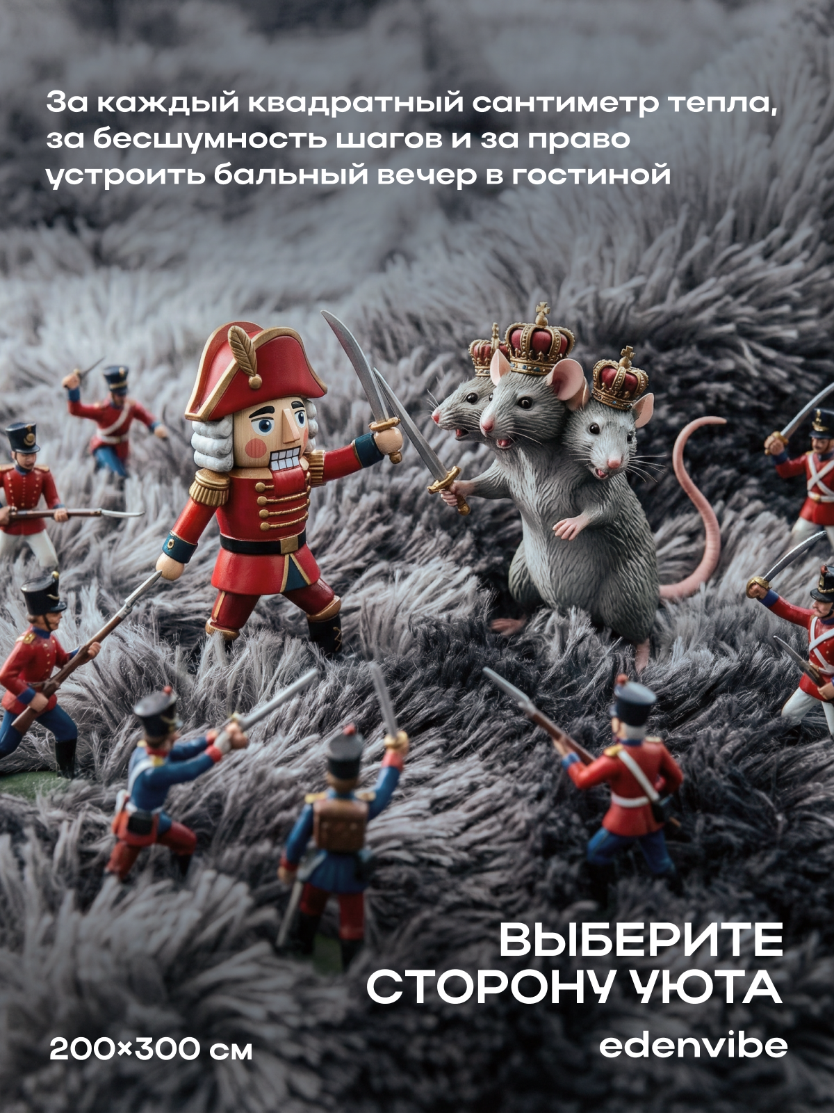 Ковер в гостиную шегги с длинным ворсом 200х300 см, Edenvibe, темно-серый градиент