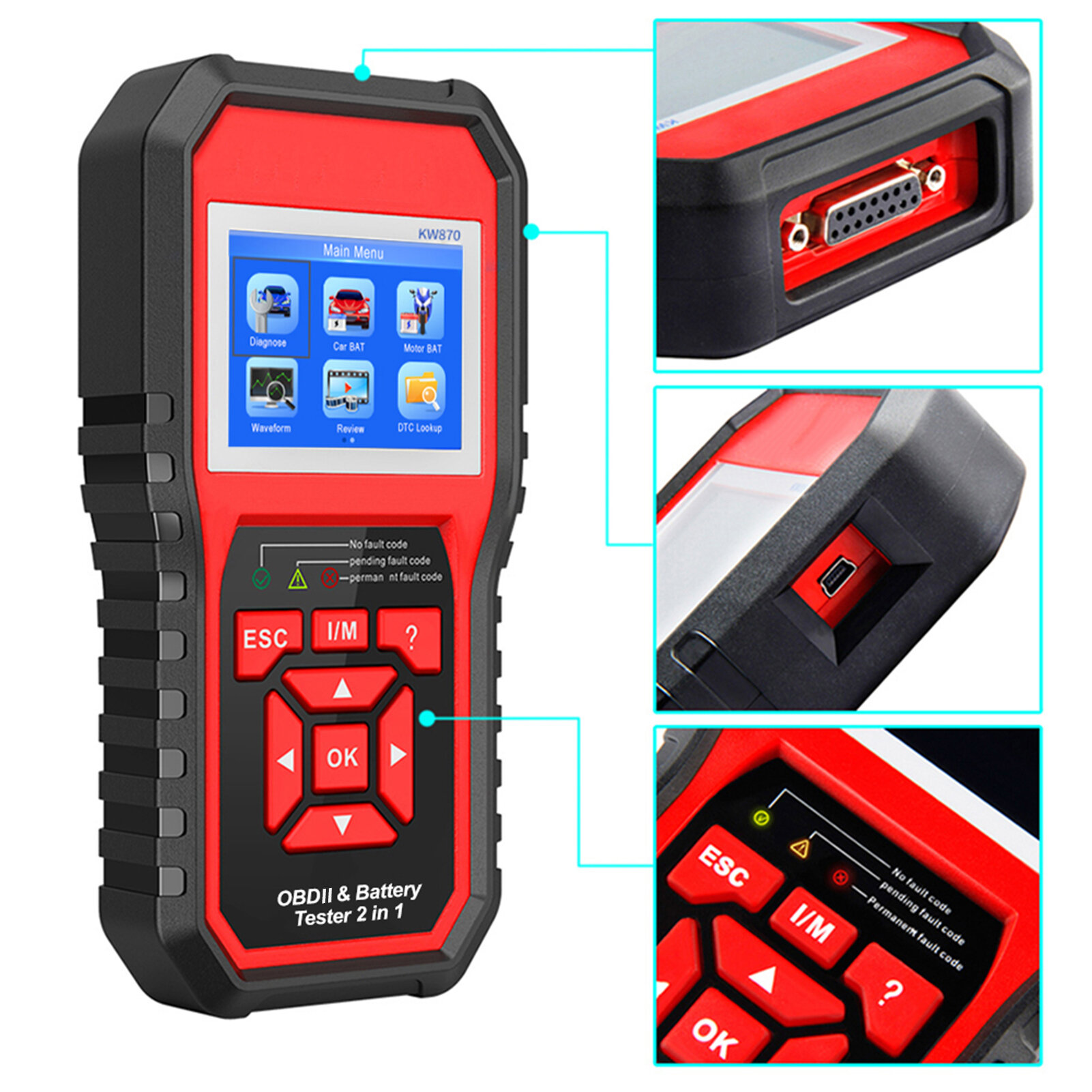 Универсальный автомобильный диагностический сканер OBDII KW870 и тестер аккумулятора 2в1