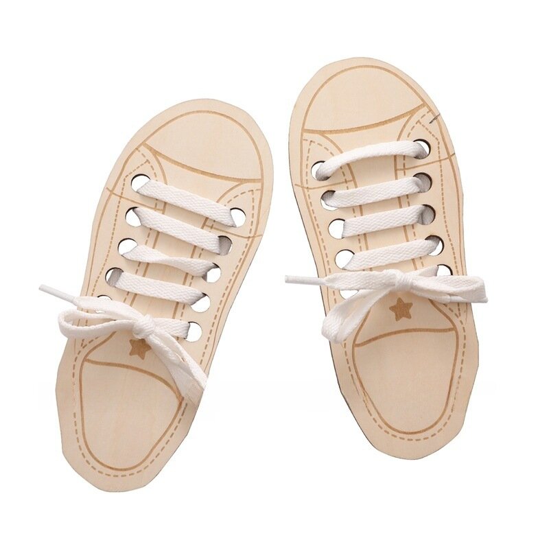 Детский деревянный веревковый игрушка Монтессори раннее детское образование образовательная игрушка для развития рук навыков шнуровки обуви (деревянные обувь и веревковые игрушки для детей) размер 8*15cm для детей 0-3 лет