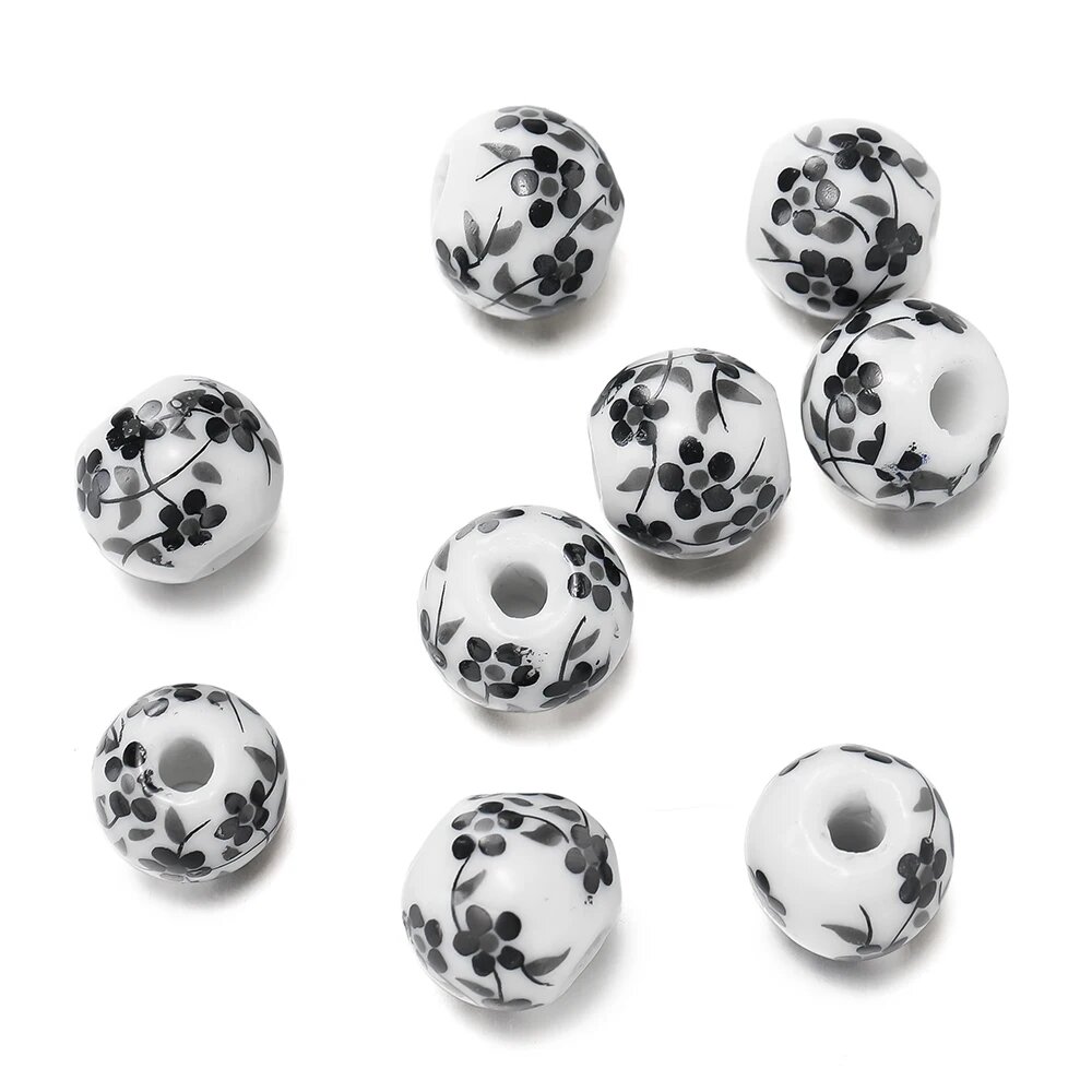 Керамические бусины St.kunkka 12 мм Серый, 10Pcs, Black flower