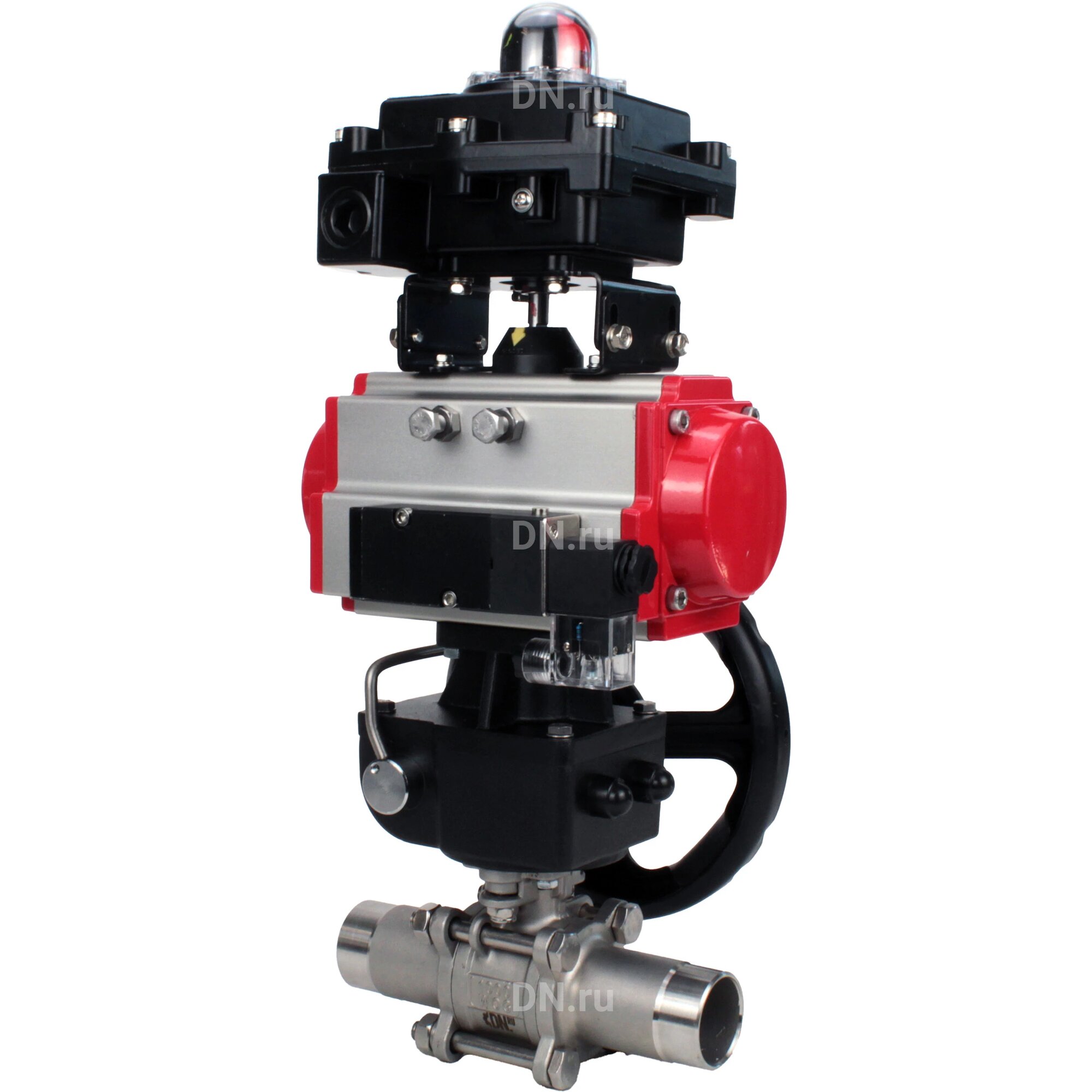 Кран шаровой DN.ru 316-316-PTFE-W-ISO-H Ду65 Ру25 полнопроходной, корпус - нержавеющая сталь 316, уплотнение - PTFE, под приварку, с пневмоприводом DA-083, пневмораспределителем PND2-S1EM-52-1NC-J08-220VAC, редуктором HDM-2 и БКВ LSB-410-02ExM12-250