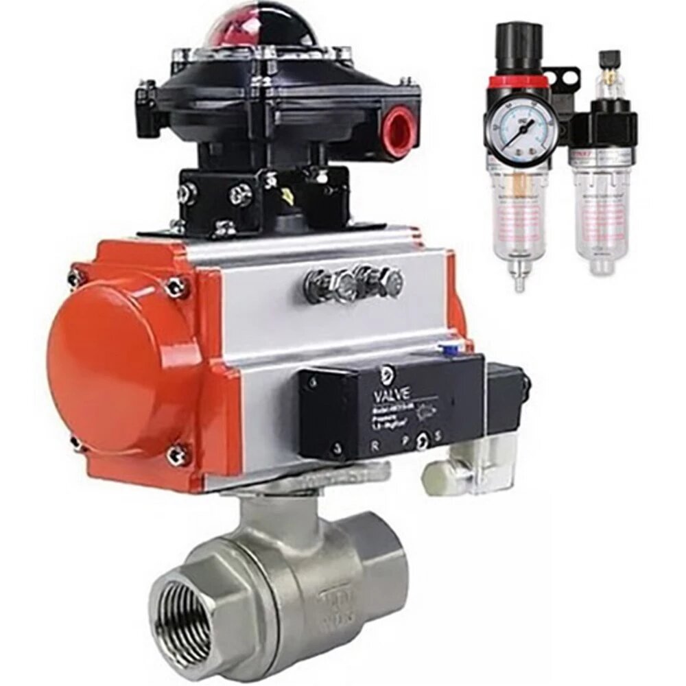 Кран шаровой DN.ru кшмп 316.230-ISO Ду10 Ру63, полнопроходной внутренняя резьба, нержавеющая сталь SS316, PTFE, с пневмоприводом DA-052 двойного действия, с пневмораспределителем PND1-S2EM-52-2-T10-220VAC, с БКВ LSB-210-02NM12-220/24, с БПВ APU1-10-40-V08