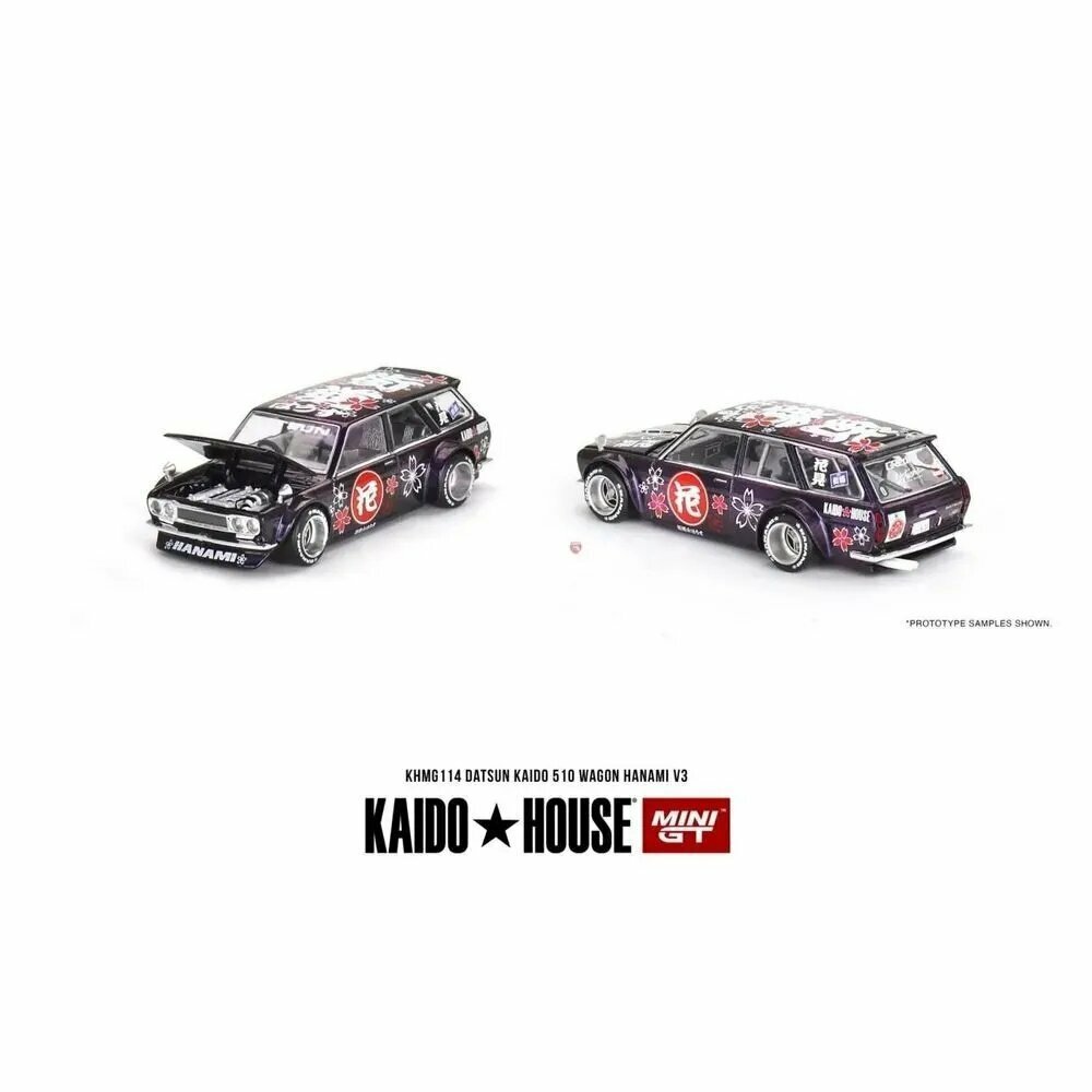 (Поставляется с защитной оболочкой)Машинка KAIDO HOUSE MINIGT 1/64 KHMG114 Datsun KAIDO 510 Wagon Hanami V3 Purple Die-cast Alloy Car Model Collection Gift