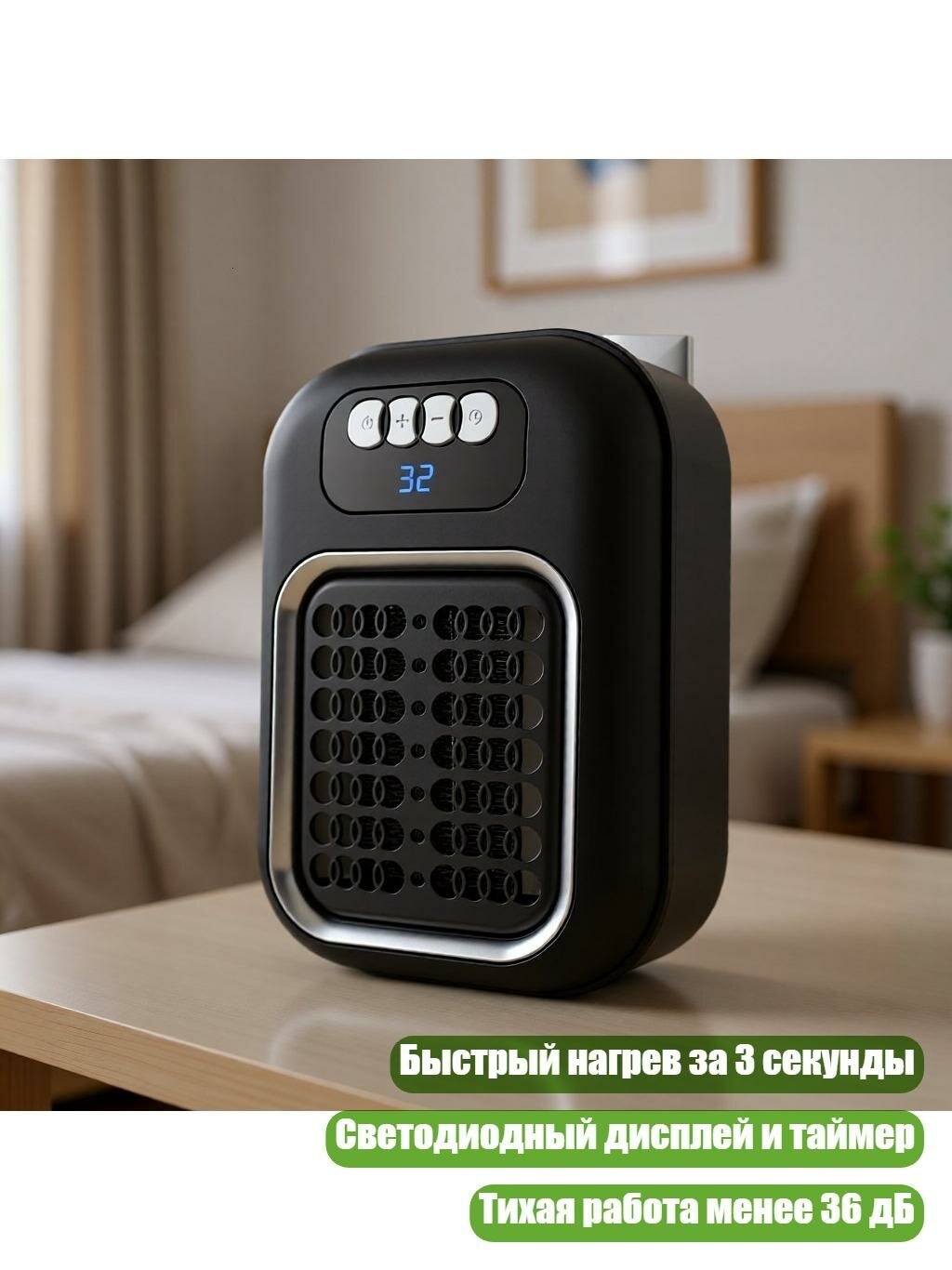 Обогреватель 370 Вт с таймером и термостатом, Черный