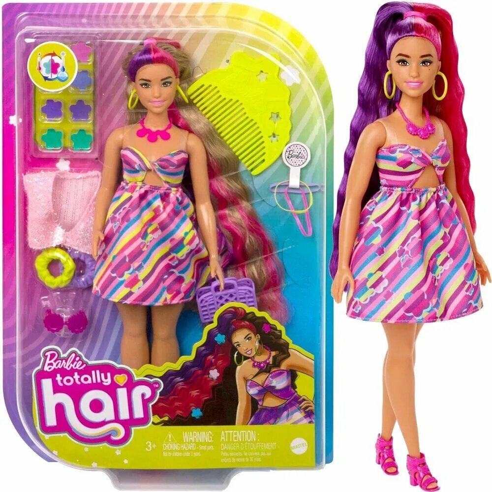 Кукла Barbie Totally Hair с цветочной тематикой, Пышные формы, Фантазийная прическа 8,5 дюймов, Платье, 15 аксессуаров, от 3 лет