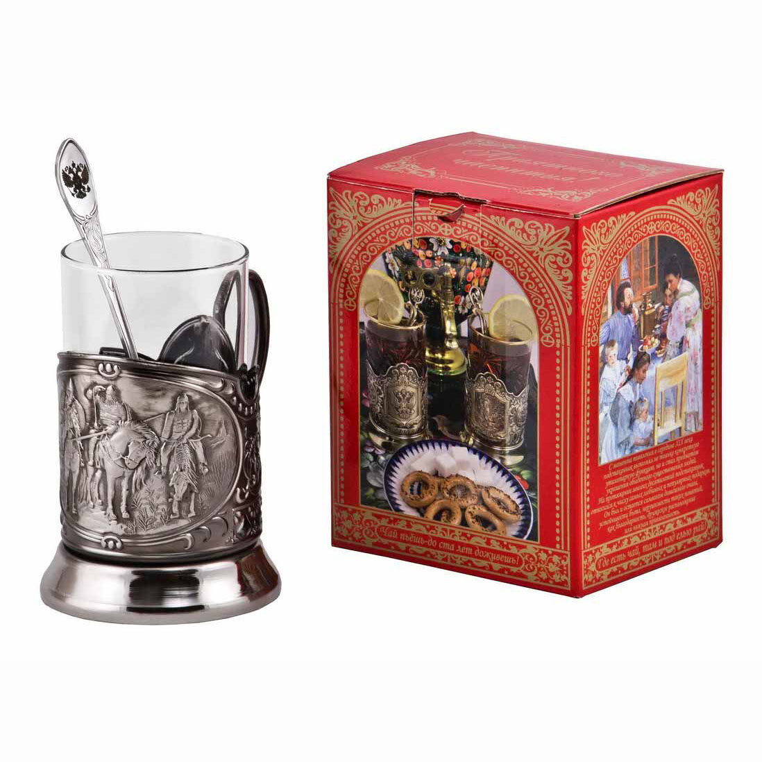 Набор для чая "Богатыри" (3 пр.) карт. коробка, стекл. стакан, штамп, ложка-нерж. грав. ПД-353/1КС