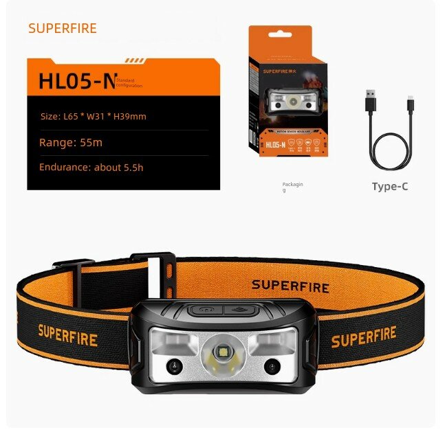 Supfire HL05 Фонарь на голову 5 Вт яркости, автономность 5,5-12 ч с датчиком движения для активного отдыха