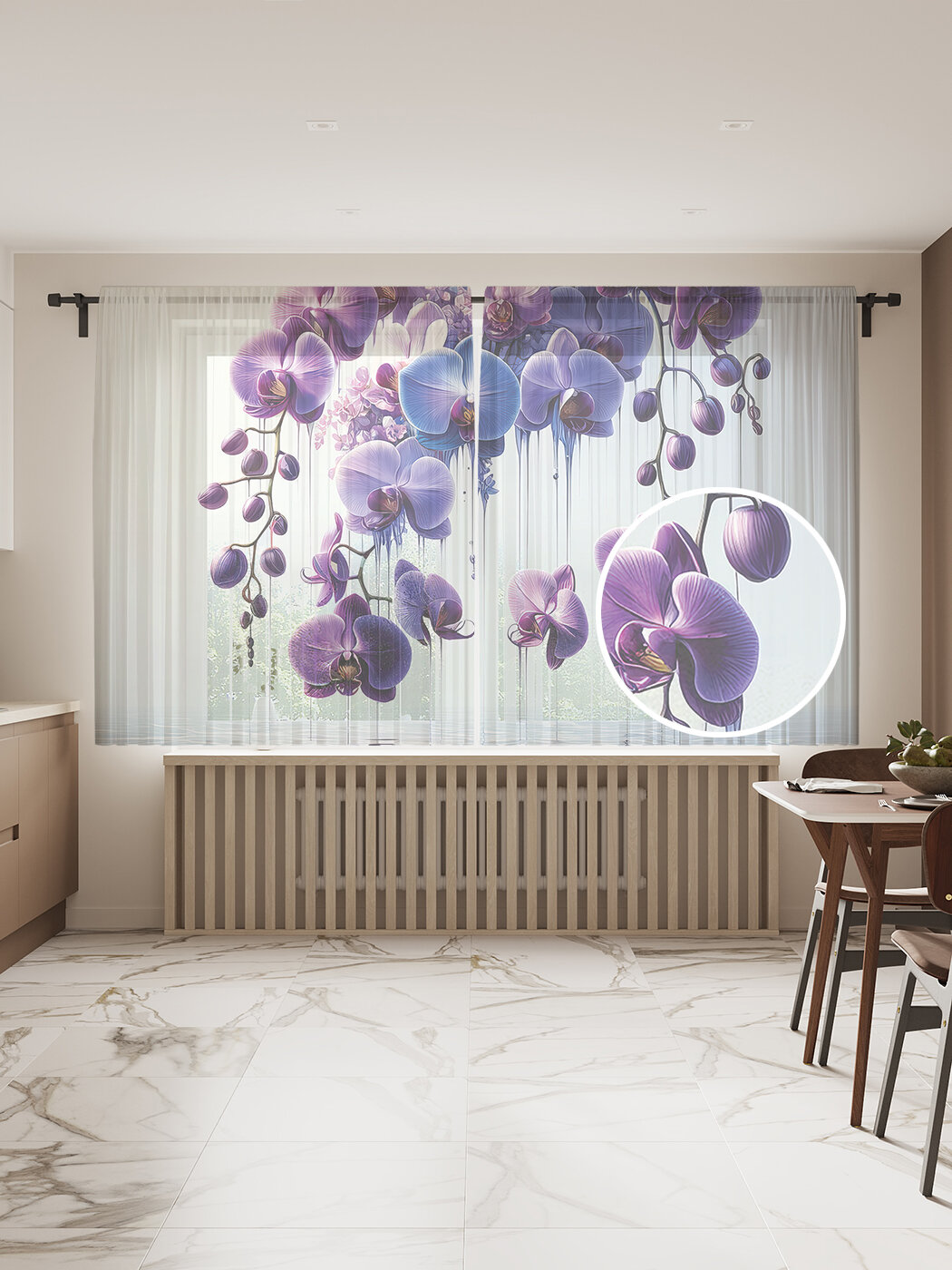 Тюль, фототюль короткий "Отражение орхидеи" высота 180 см, ширина 145 см (по 2 полотна), JoyArty