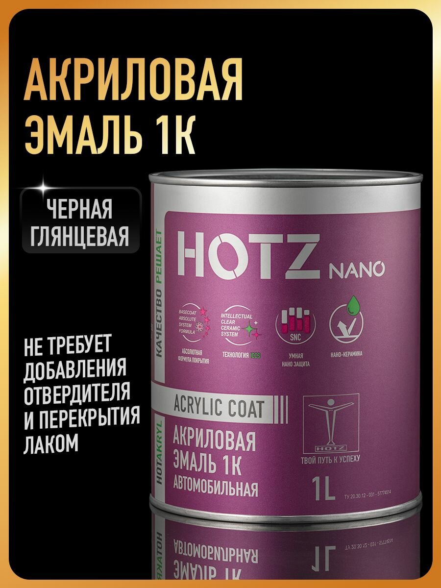 Акриловая краска автомобильная 1К Черная глянцевая, 850 мл (не требуется отвердитель), HOTZ