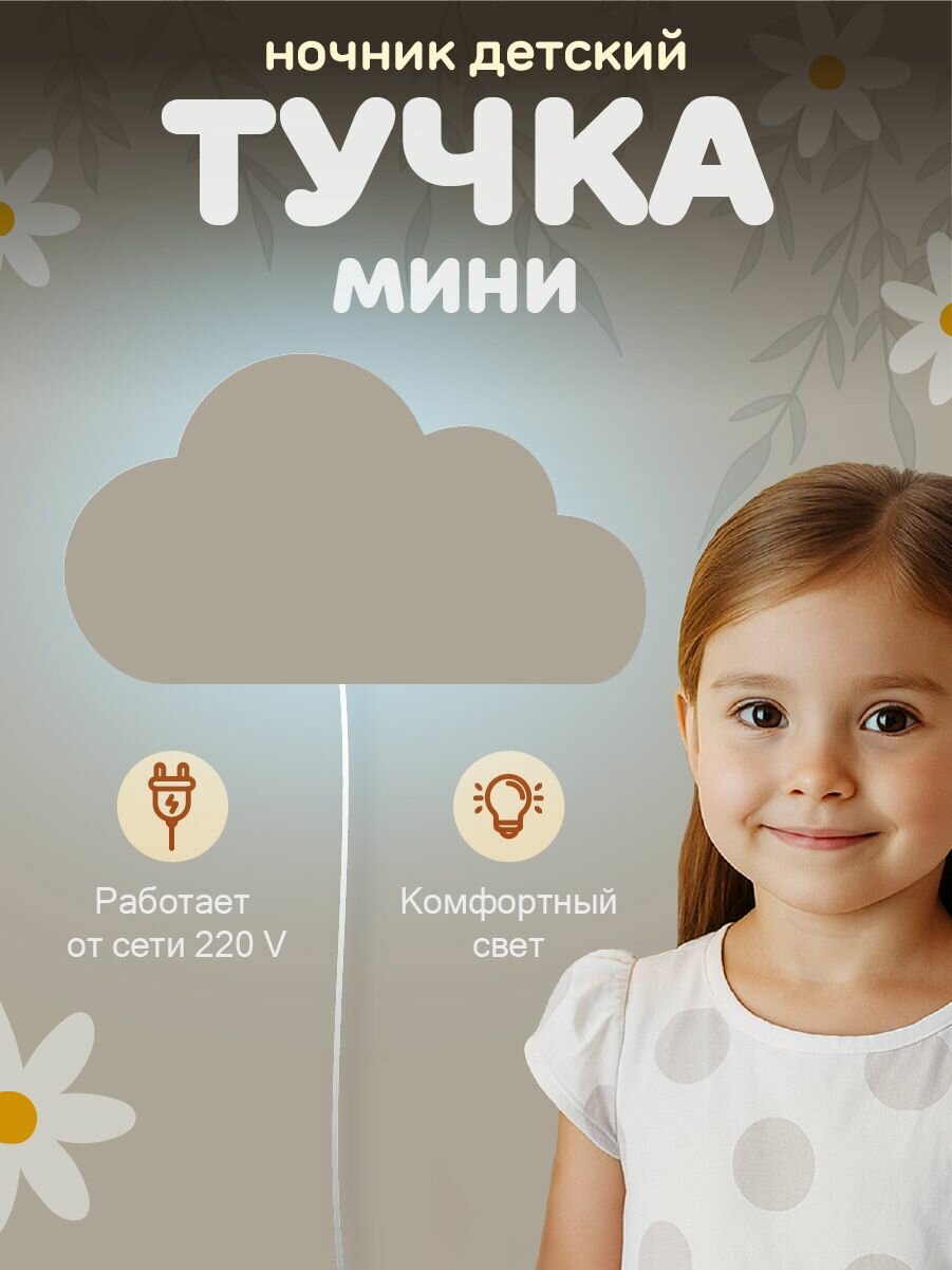 Ночник детский светильник для сна настенный облако - Тучка mini деревянный светодиодный 30х17 см,6000К