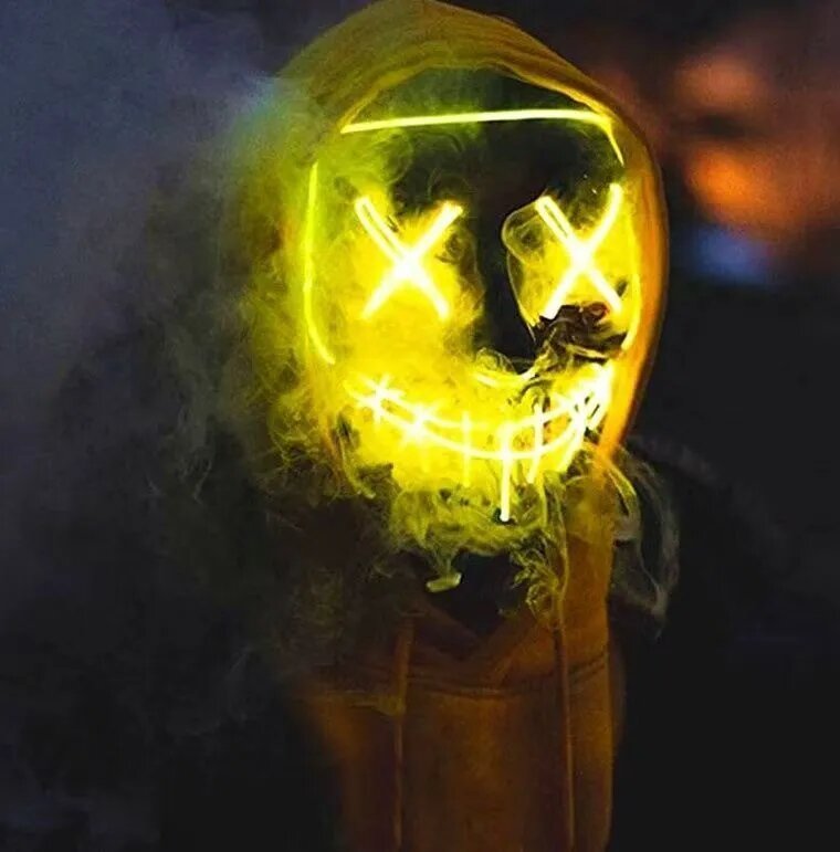 Анонимная синяя неоновая маска, Гай Фокс ("Карнавальная маска V" означает "Вендетта"), "Ночь судного дня"