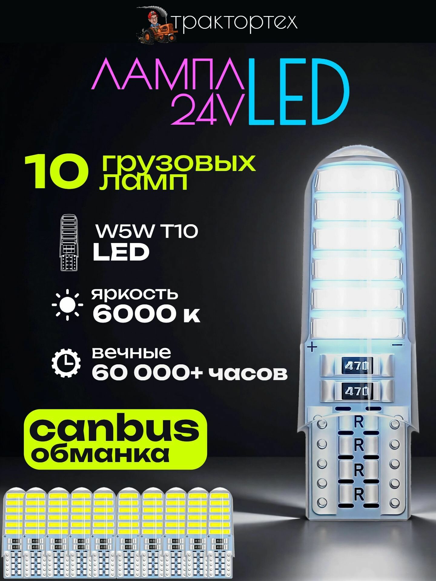 10 шт Светодиодные лампы W5W T10 24V для КамАЗ, МАЗ, прицепа