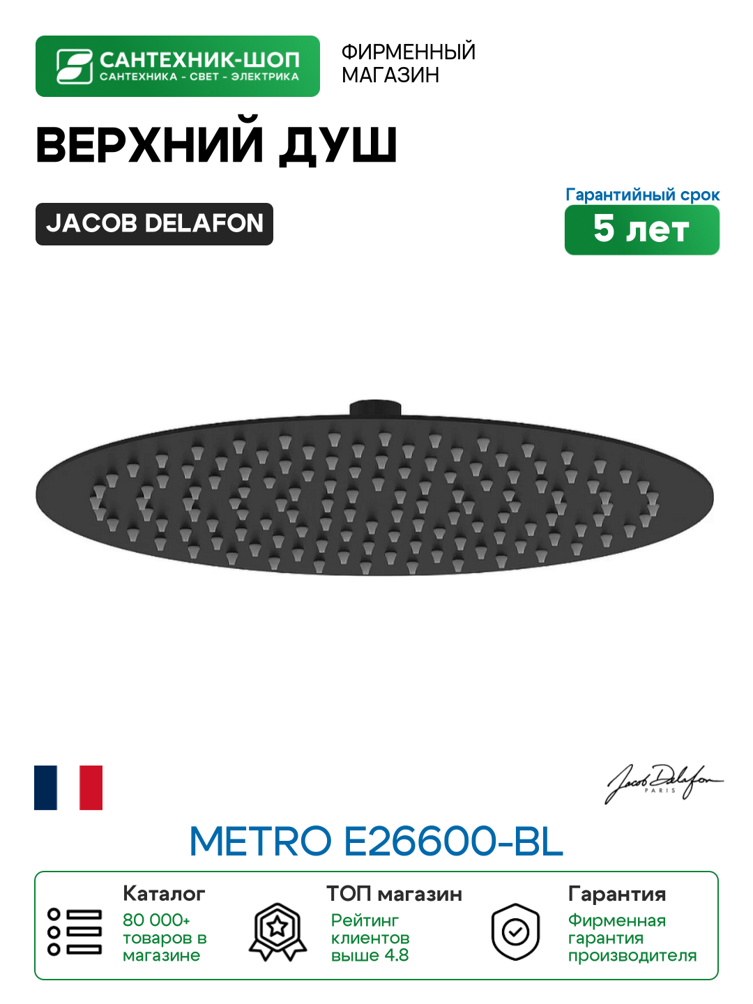 Верхний душ Jacob Delafon Metro E26600-BL цвет Черный матовый
