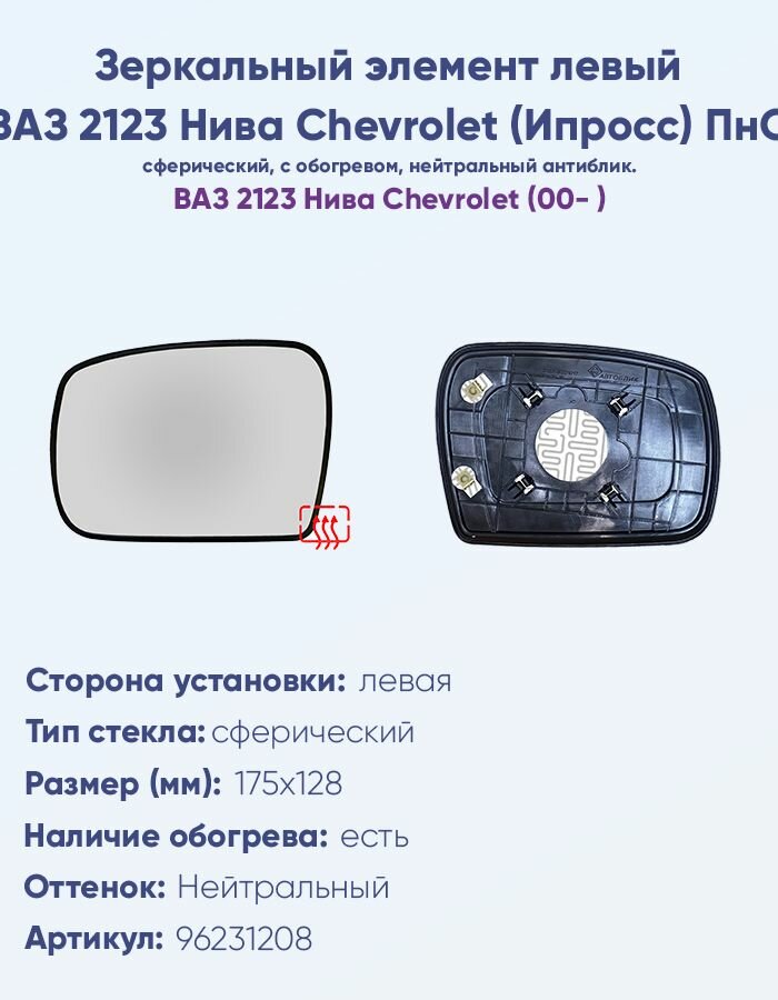 Зеркальный элемент левый ВАЗ 2123 Нива Шевроле Chevrolet (ипрос С диагональными защёлками 60x60mm) с обогревом и сферическим противоослепляющим отражателем нейтрального тона.