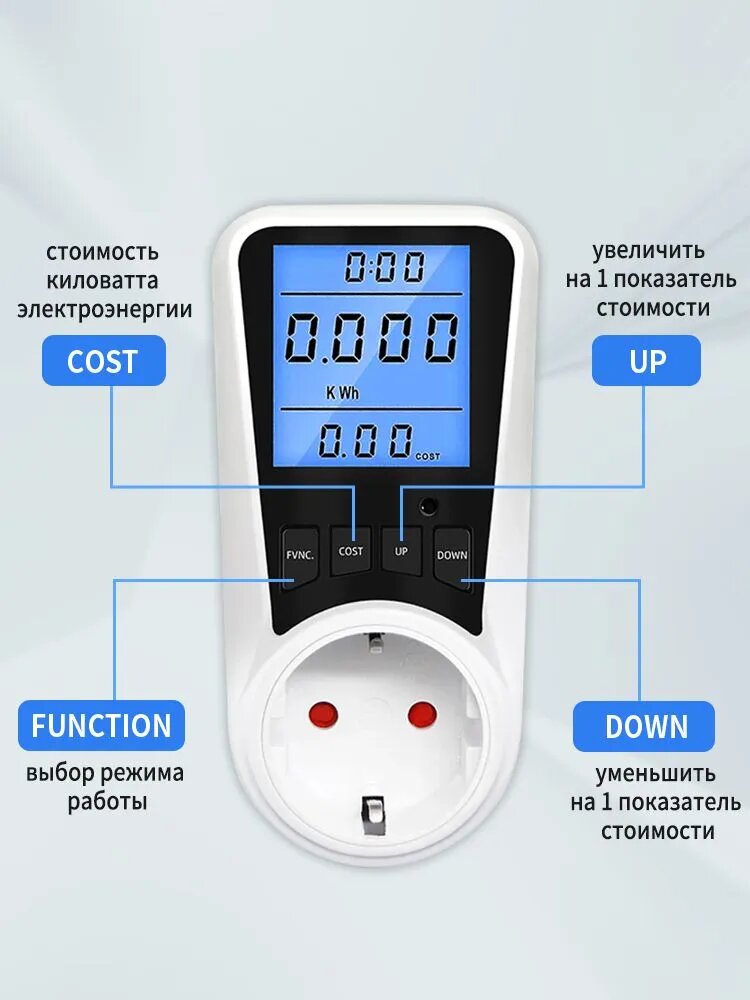 Ваттметр с дисплеем для измерения расхода электроэнергии 220В 3.5 кВт