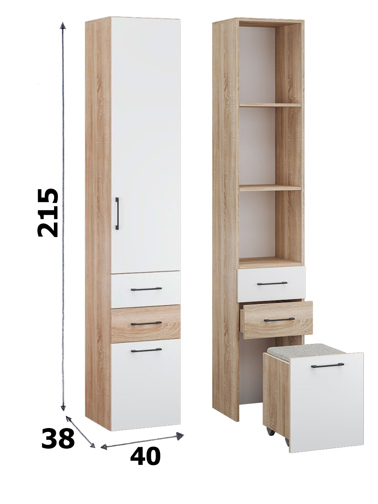 Пенал с пуфиком модульная прихожая Денвер 2150х400х380 цвет дуб сонома/белый