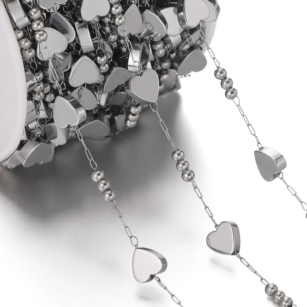 Цепочка нержавеющая сталь для рукоделия, намотка 1 метра, цвет серебро, звено сердце 6.5x6 мм