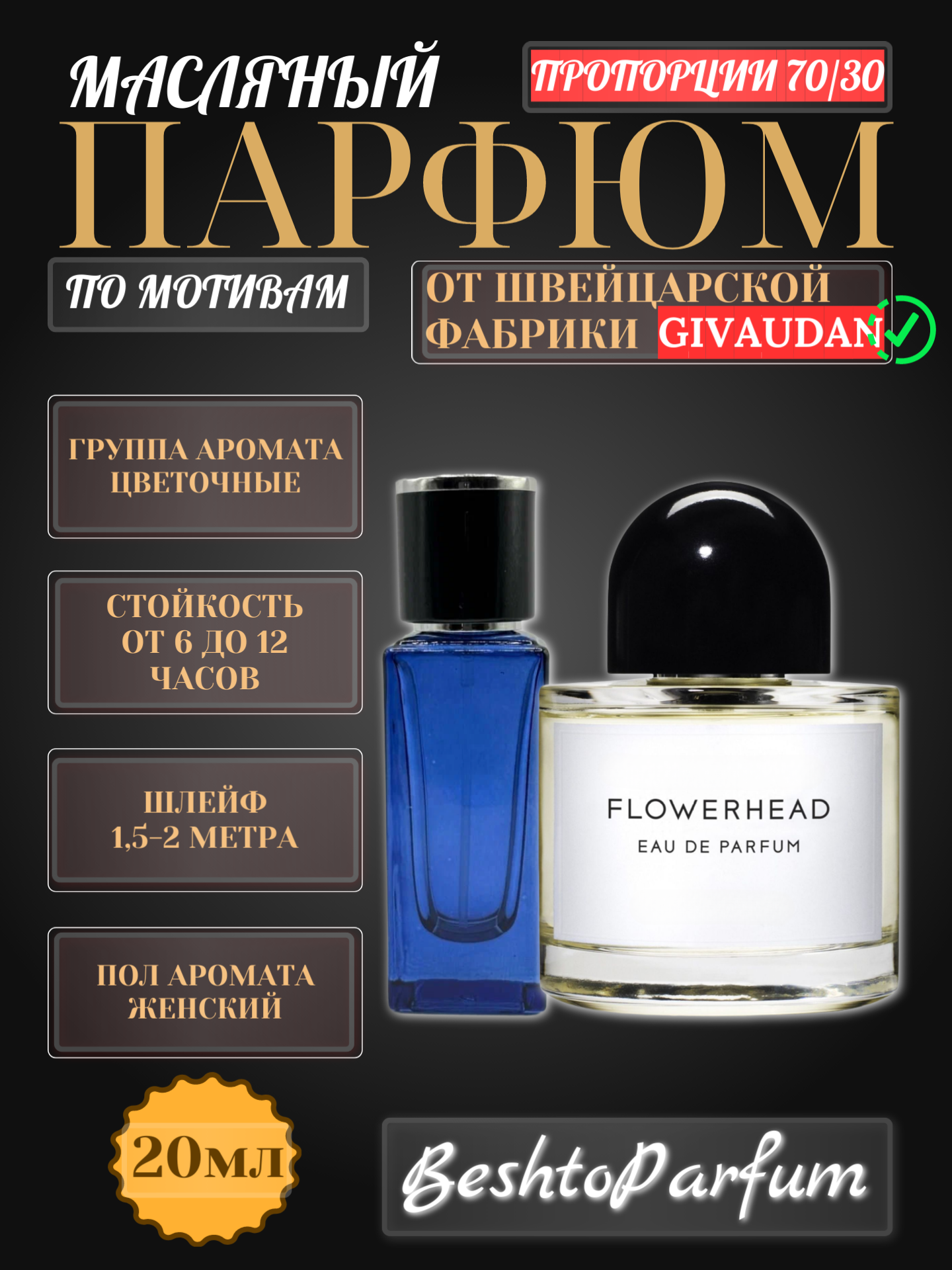 Масляные духи по мотивам Byredo Flowerhead — стойкий цветочный нишевый аромат / 20мл
