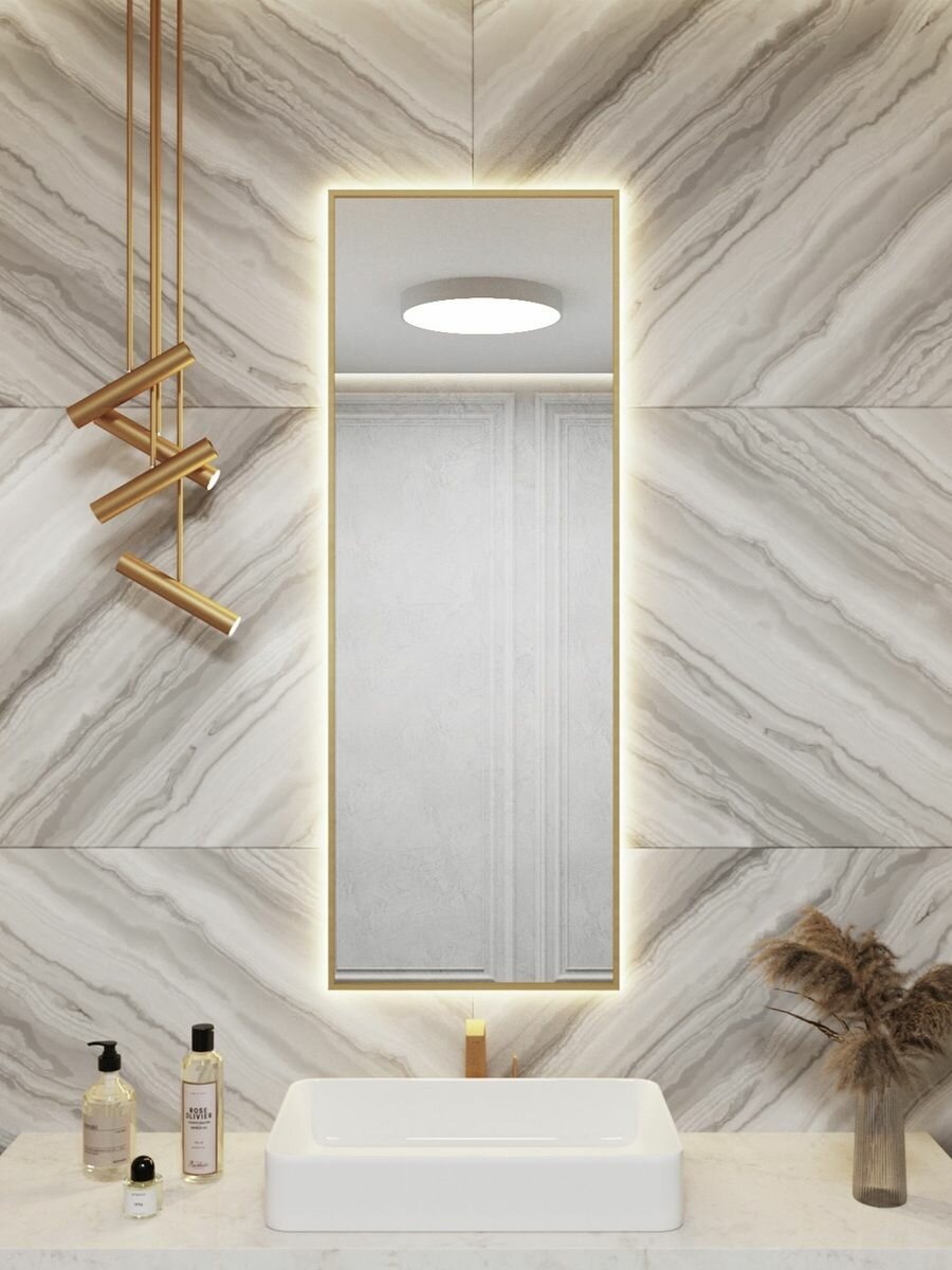 Зеркало в ванную 120х40 см. золото с подсветкой. Свет: Нейтральный белый 4500К. В алюминиевой раме настенное BLX MIRROR
