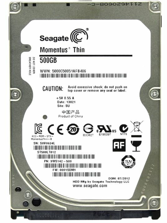 2,5" 500 ГБ Жесткий диск Seagate Momentus Thin (ST500LT012) - SATA II, 3 Гбит/с, 5400 об/мин, кэш память - 16 МБ