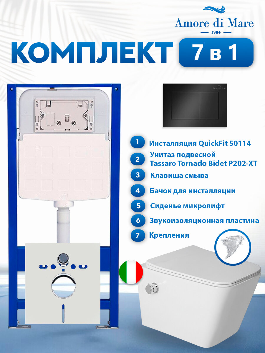 Комплект инсталляции Amore di Mare QuickFit 50114 с унитазом Tassaro Tornado Bidet P202-XT с функцией биде с кнопкой 814MB 7 в 1, Италия