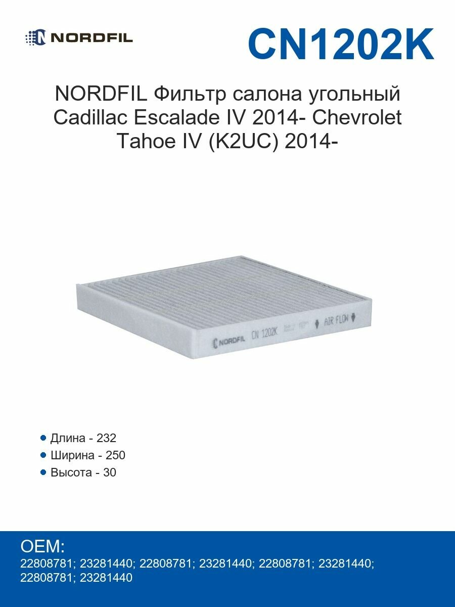 NORDFIL Фильтр салона угольный Cadillac Escalade IV 2014- Chevrolet Tahoe IV (K2UC) 2014-