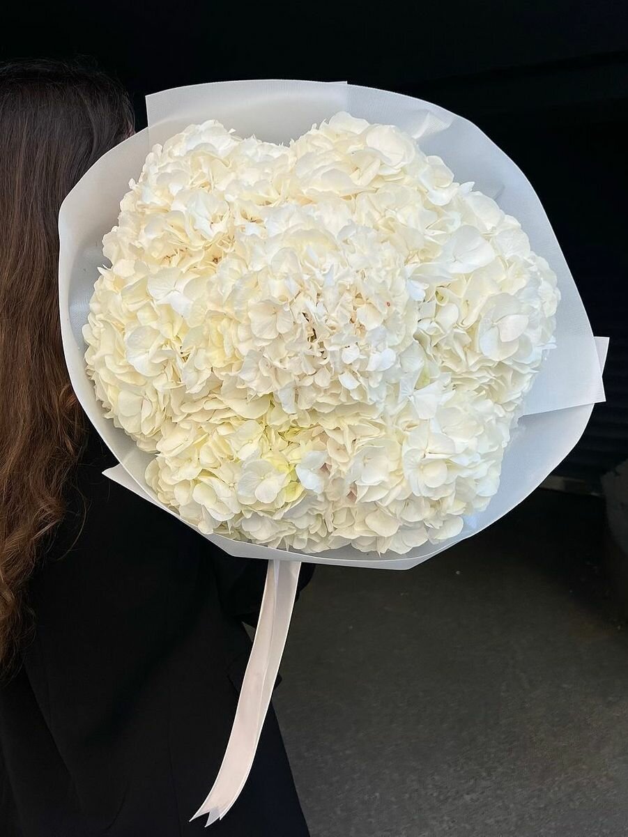 Букет цветов из 7 белых колумбийских гортензий, высота 50 см