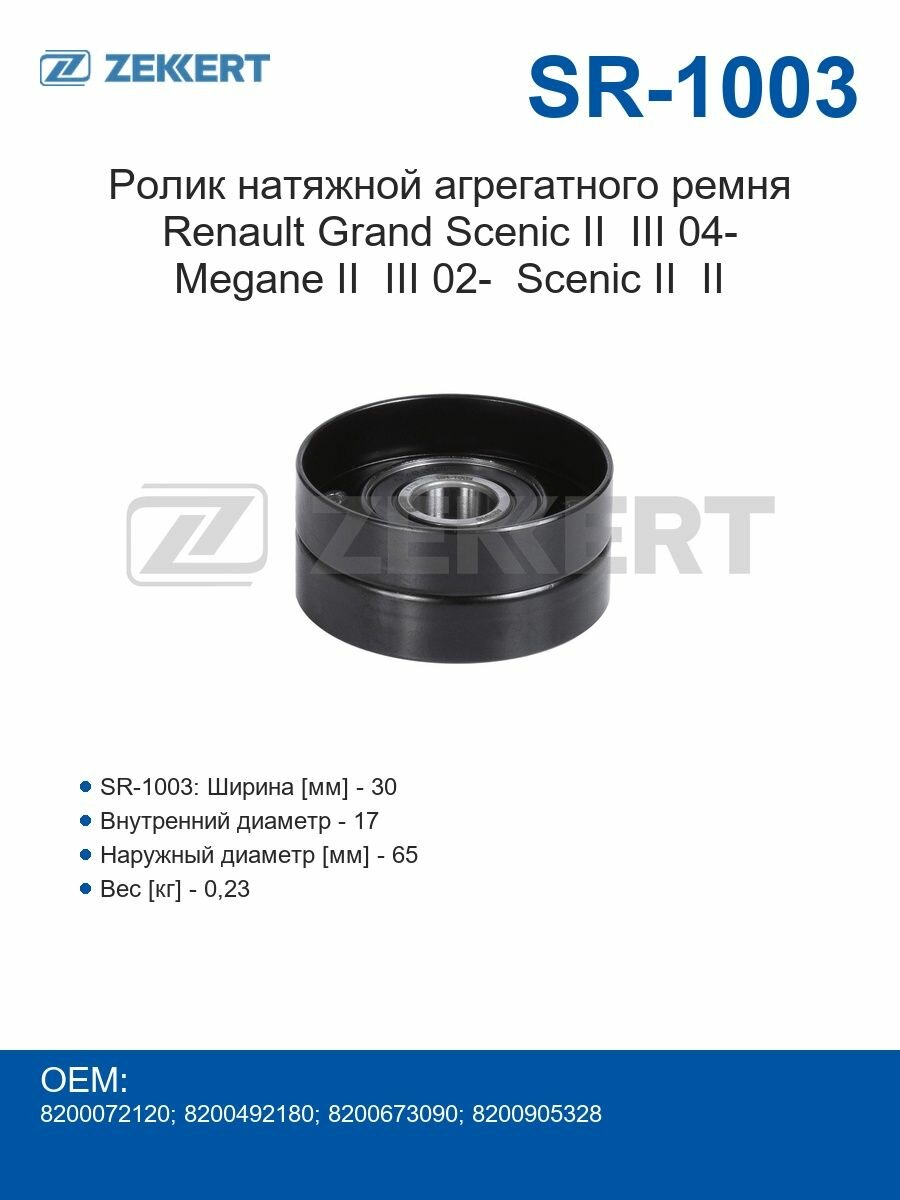 Zekkert Ролик натяжной агрегатного ремня Renault Grand Scenic II III 04- Megane II III 02- Scenic II II.
