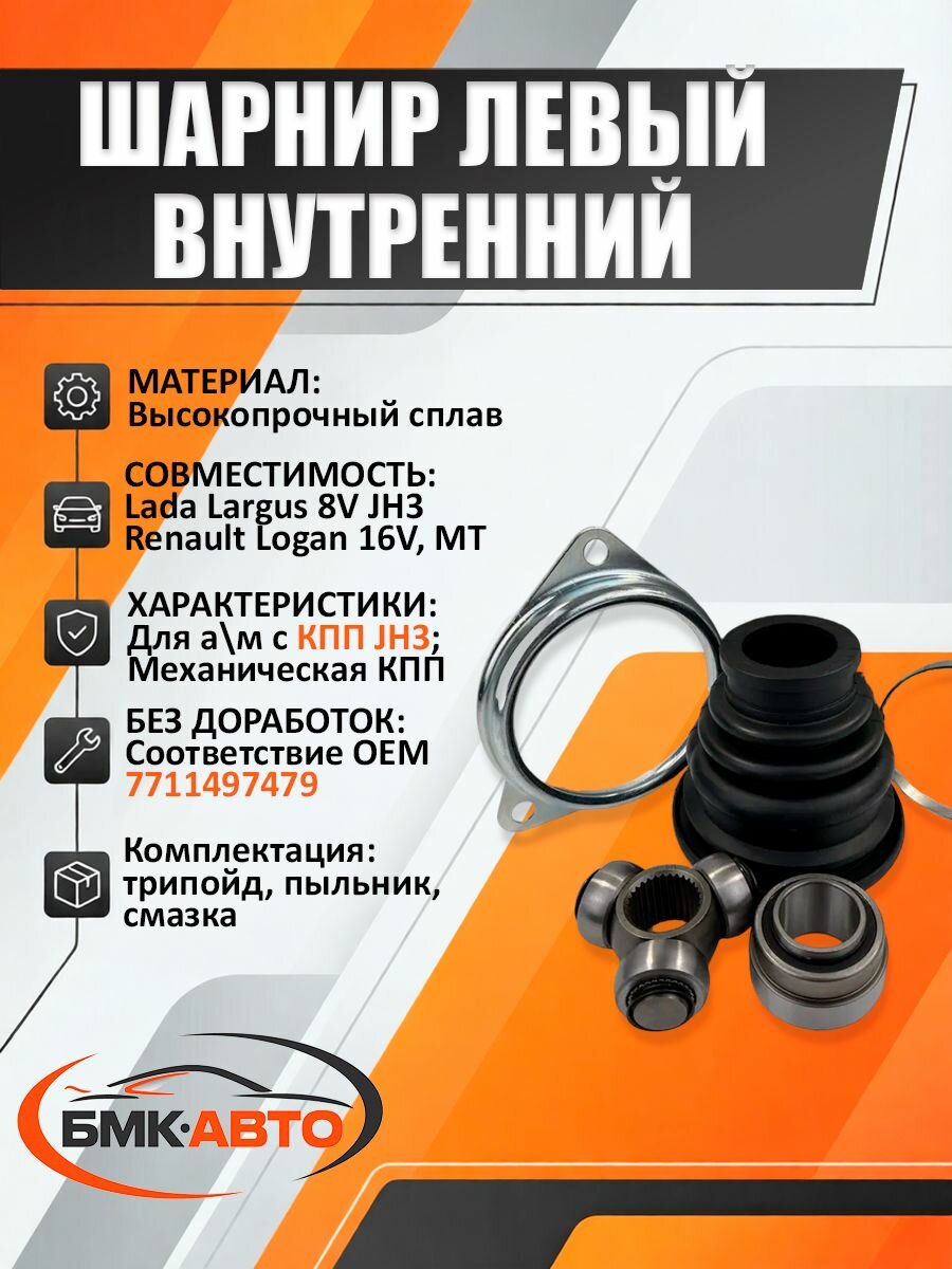 Шрус внутренний левый 7711497479 Lada Largus (8 кл, КПП JH3), Renault Logan 16 кл. мкпп бмк-авто
