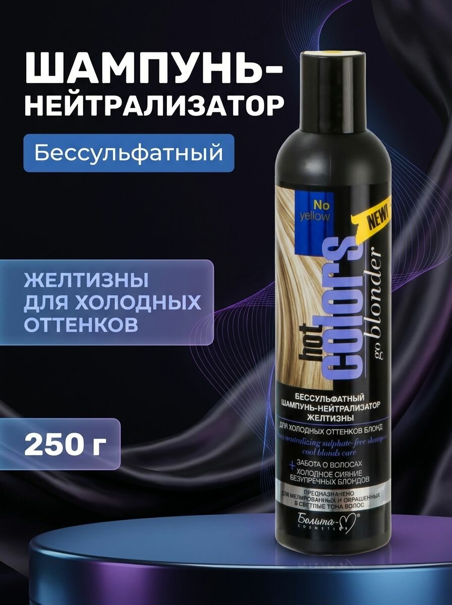 Бессульфатный Шампунь-нейтрализатор желтизны для холодных оттенков блонд Hot Colors с кератином и пантенолом, 250 г