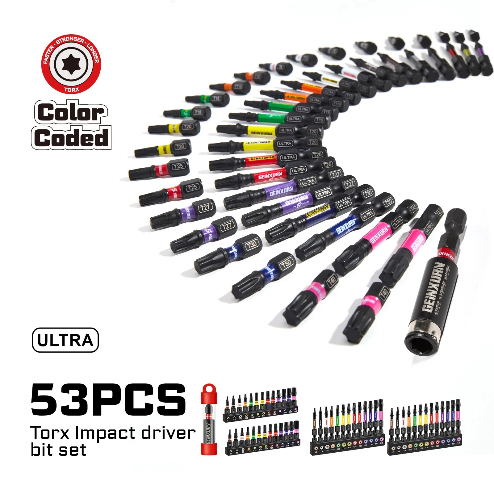 Набор Ударных Бит Geinxurn T7-T40 Torx S2, 1 Дюйм, Стальные, С Держателем Для Бит 2