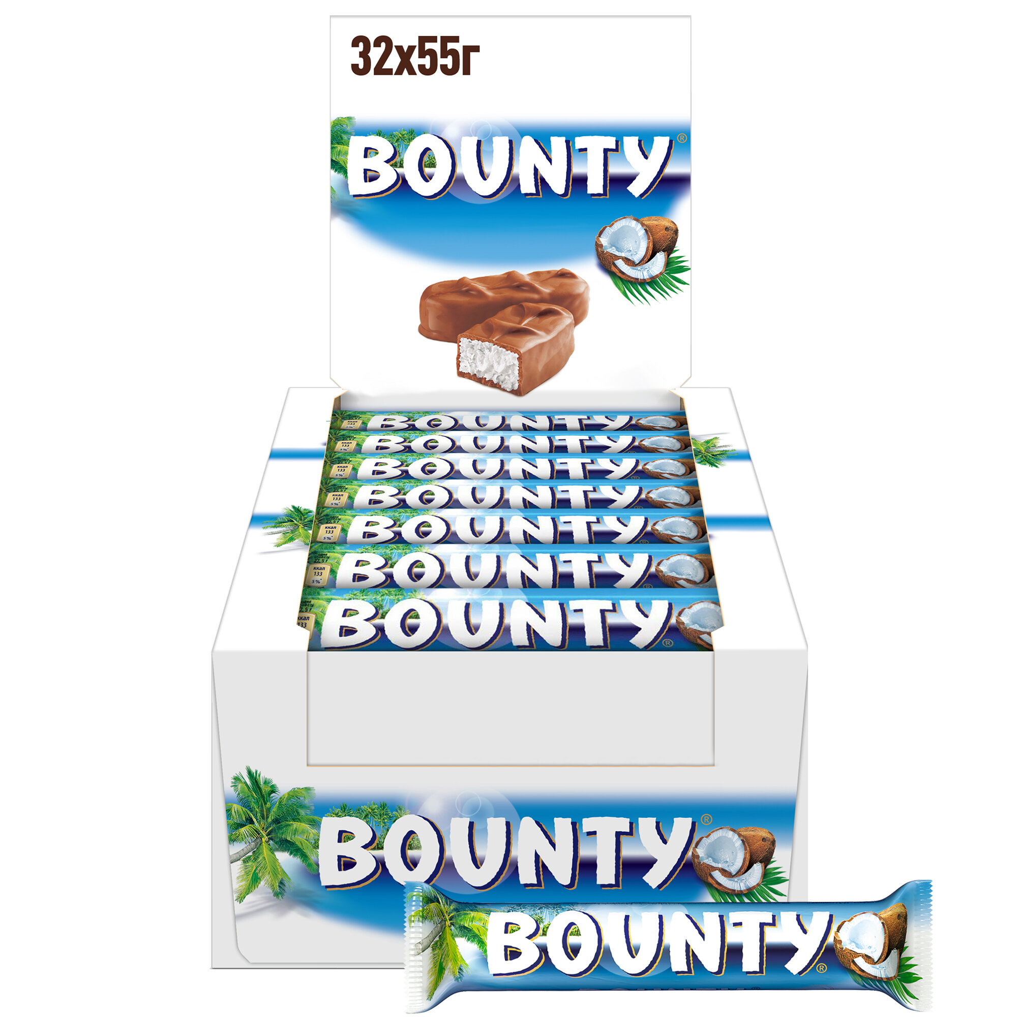 Шоколадные батончики Bounty, кокос в молочном шоколаде, набор батончиков, 32 шт по 55 г